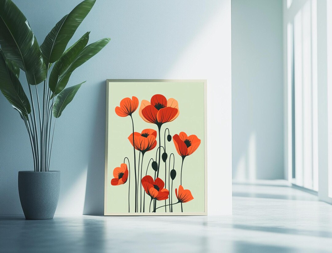 Modern Red Poppy Poster Contemporary Flower Poster for Living Room ...