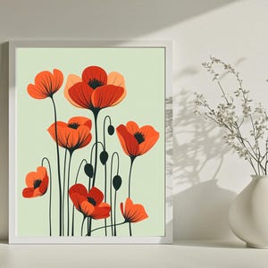 Modern Red Poppy Poster Contemporary Flower Poster for Living Room ...