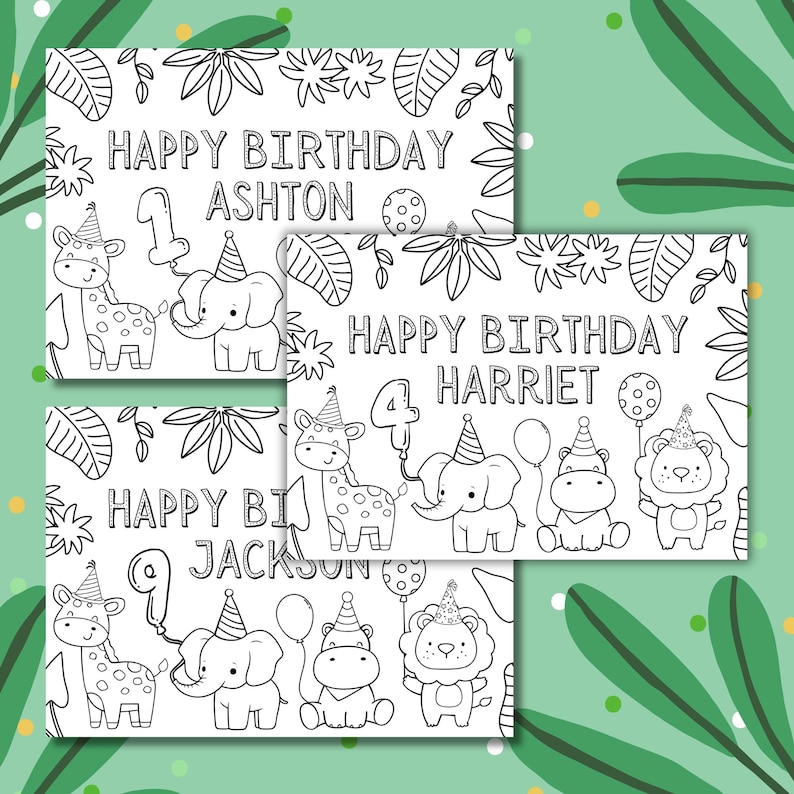 Personalised Safari Birthday Coloring Placemat: Jungle Animals (PDF ...