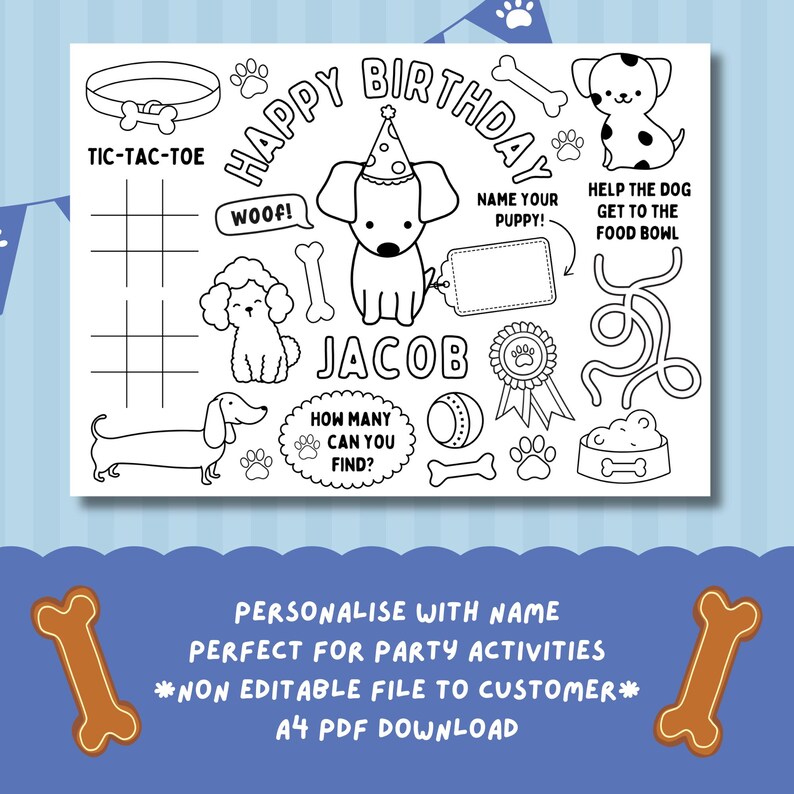 Personalised Dog Birthday Coloring Placemat: Puppy Party Favors (PDF ...