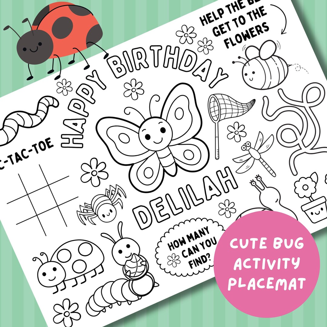 Bug Birthday Coloring Placemat: Insect Theme Party Activity ...
