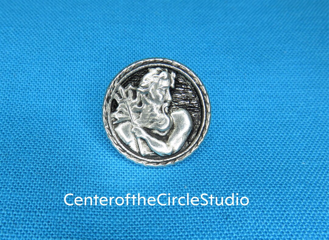 Small Neptune Poseidon Button, 5/8", Handmade Solid Cast Silver Pewter ...