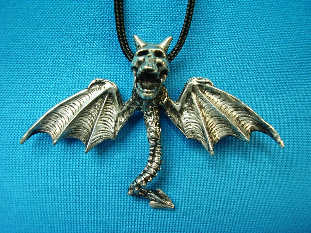 Gothic Winged Flying Skull Bat With Vertebrae Tail Necklace, Handmade ...