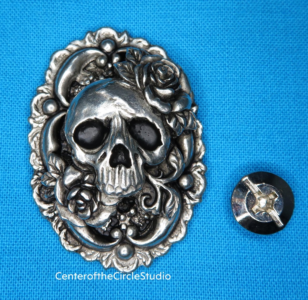 Skull and Roses Concho: (1-3/16 Inch Wide) Handmade Silver Pewter ...
