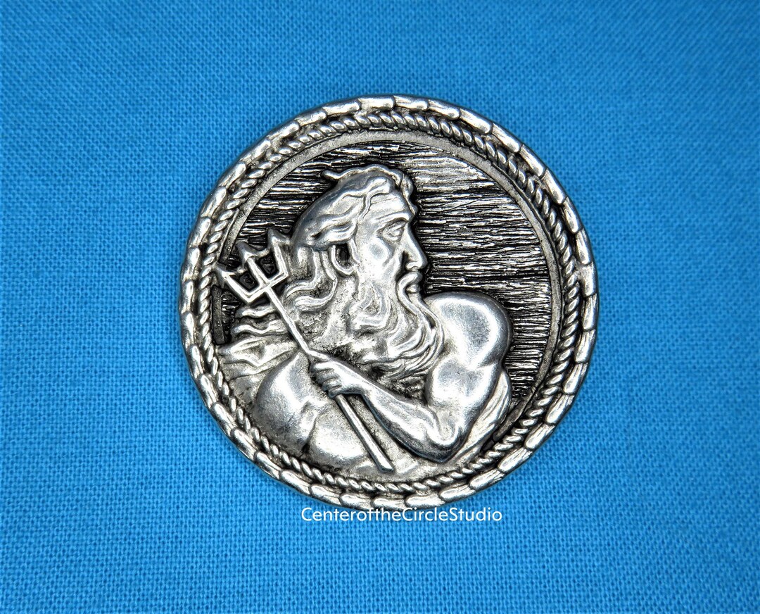 Neptune Poseidon Button 1 7/16", LARGE Handmade Silver Pewter Cast ...