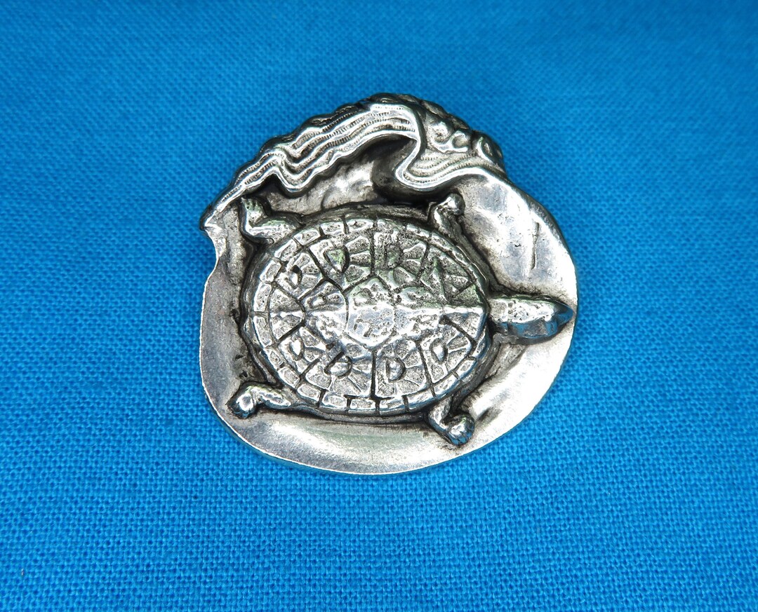 Turtle on a Shell Button, Handmade Solid Cast Silver Pewter Metal Sea ...
