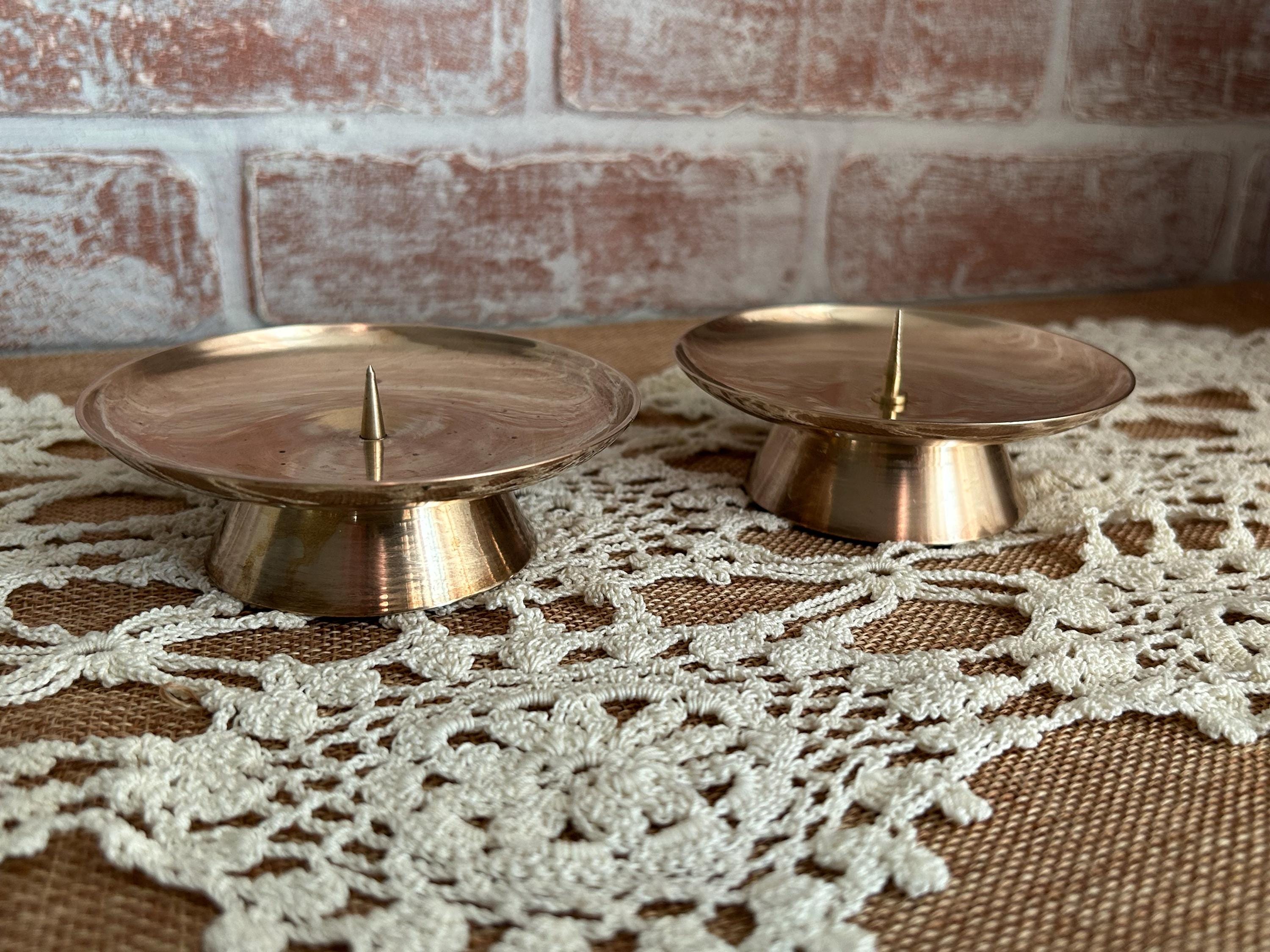 Pair of Vintage Solid Brass Low Candle Holders With Spikes | Hand ...