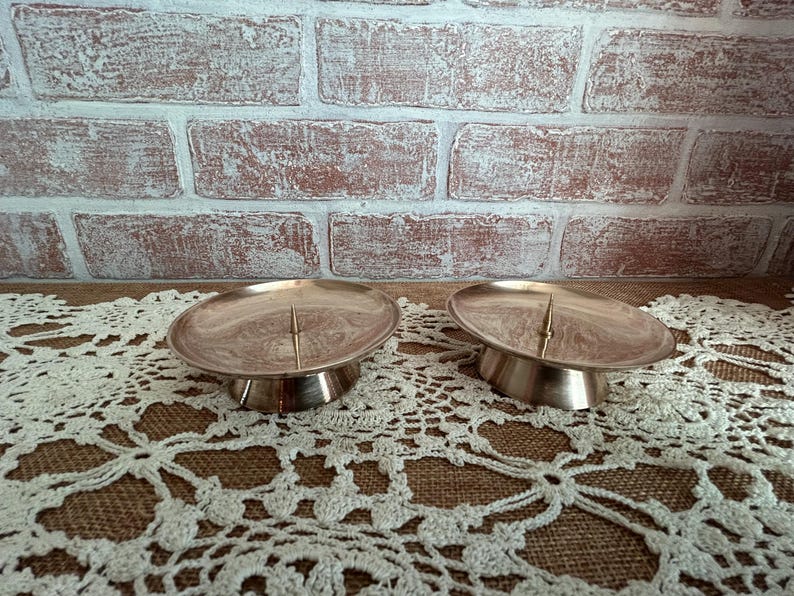 Pair of Vintage Solid Brass Low Candle Holders With Spikes | Hand ...