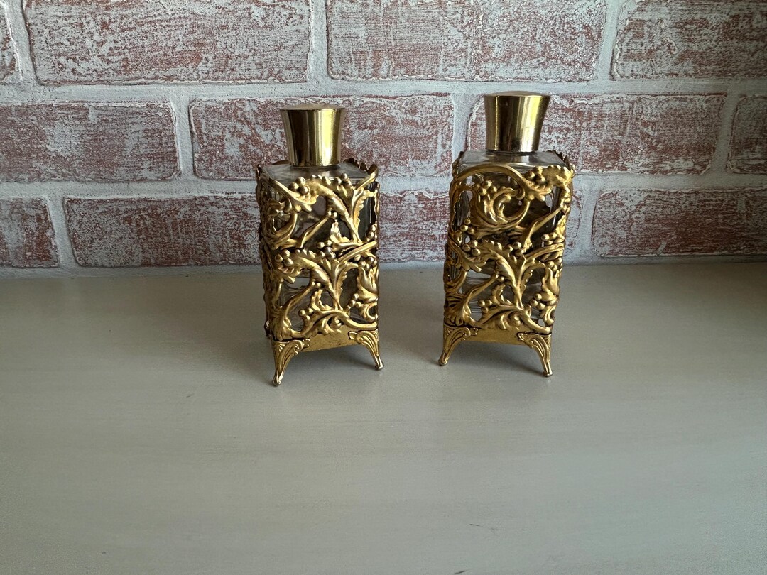 Vintage Hollywood Regency Gilt Filigree Perfume Bottles, Glass Vanity ...