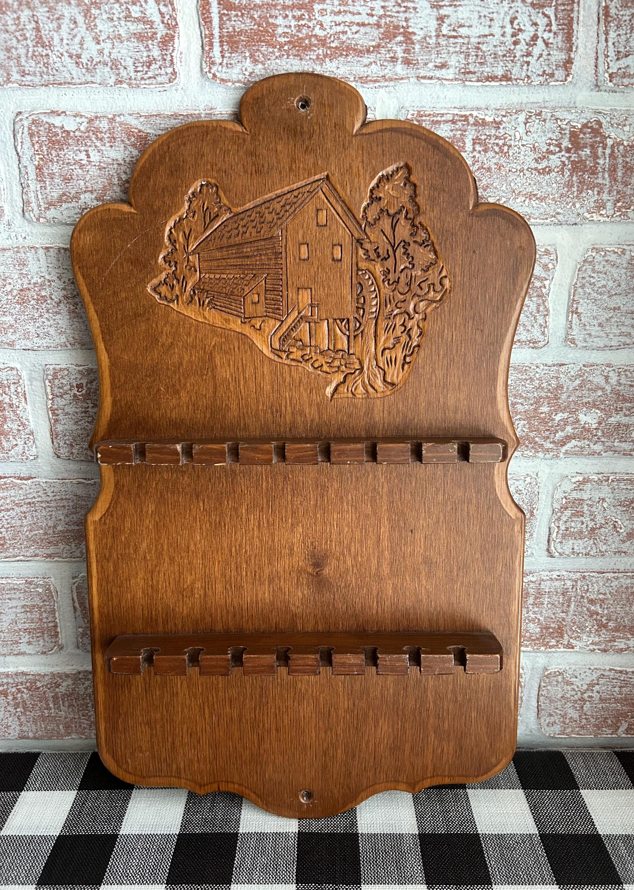 Vintage Wood 1960's Souvenir Spoon Rack With Grist Mill Motif Holds 16 ...