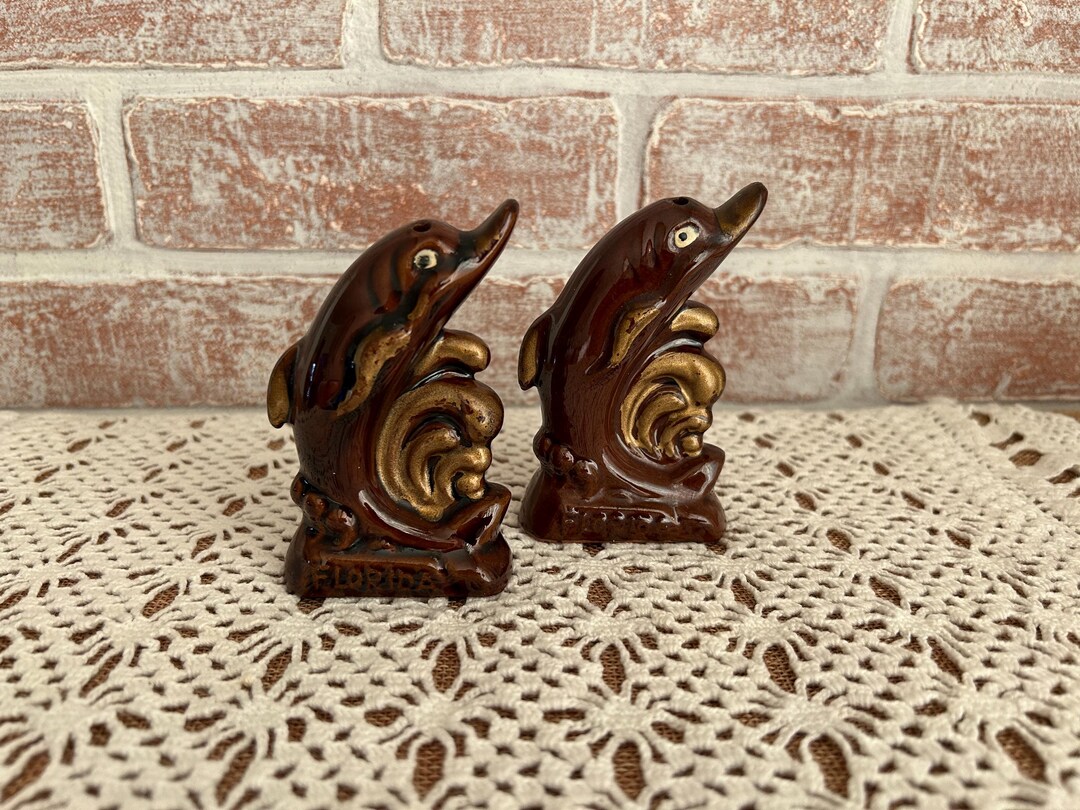 Retro Souvenir Florida Brown Pottery Glazed Jumping Dolphin Salt and ...