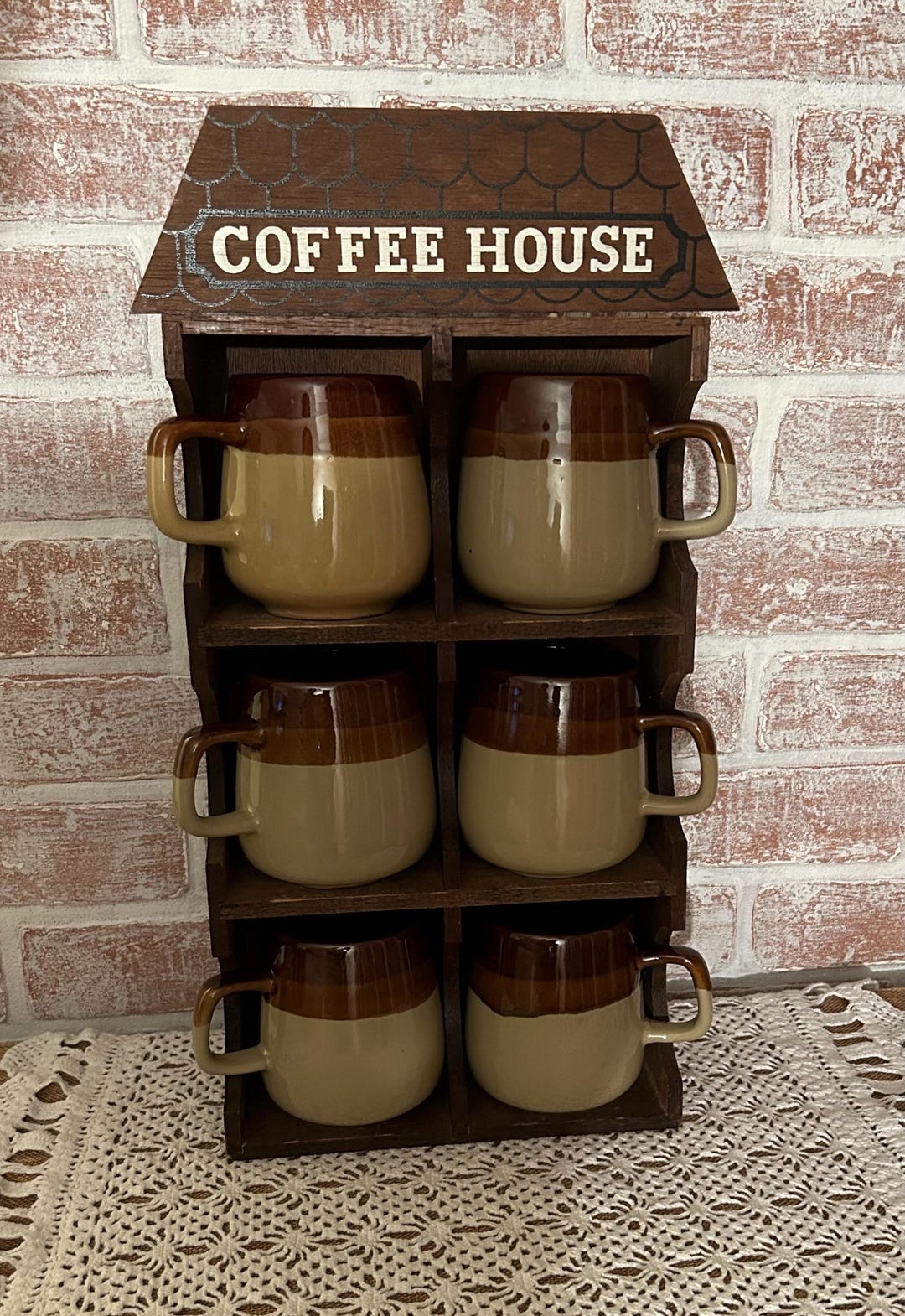 Vintage Stoneware Coffee Mug Set With Display Rack | Brown Ombre Mugs ...
