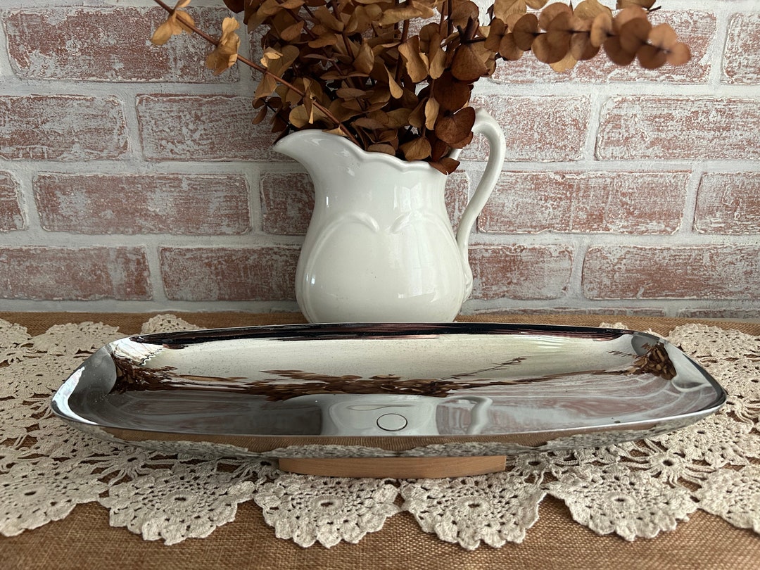 Vintage MCM Milbern Creations Chrome Oblong Serving Tray With Wood Base ...