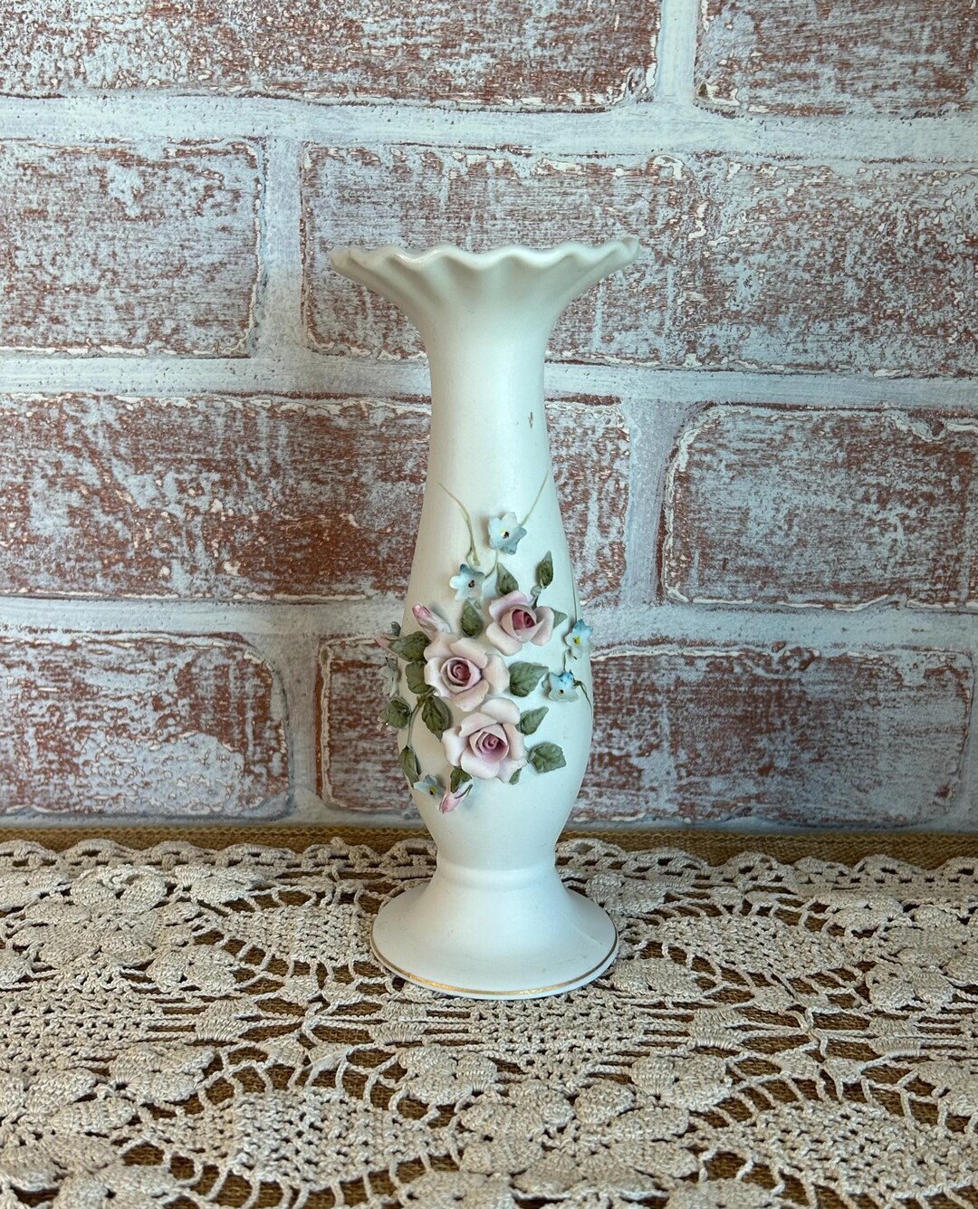 Lefton Bud Vase With Applied Porcelain Flowers, Hand Painted Japan ...