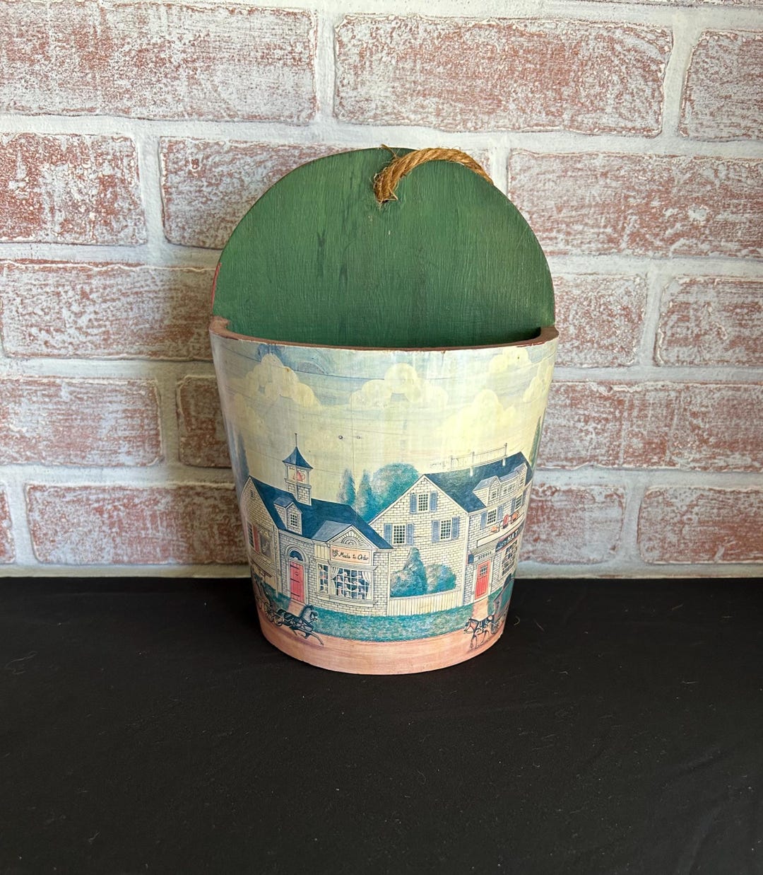 1970s–80s Vintage Wooden Wall Pocket Bin – Decoupage Village Scene ...