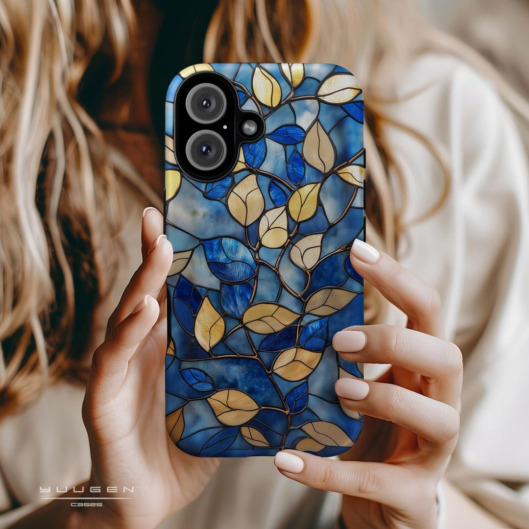 Blue and Gold Leaves Stained Glass Phone Case, A Vibrant Gift for Art ...