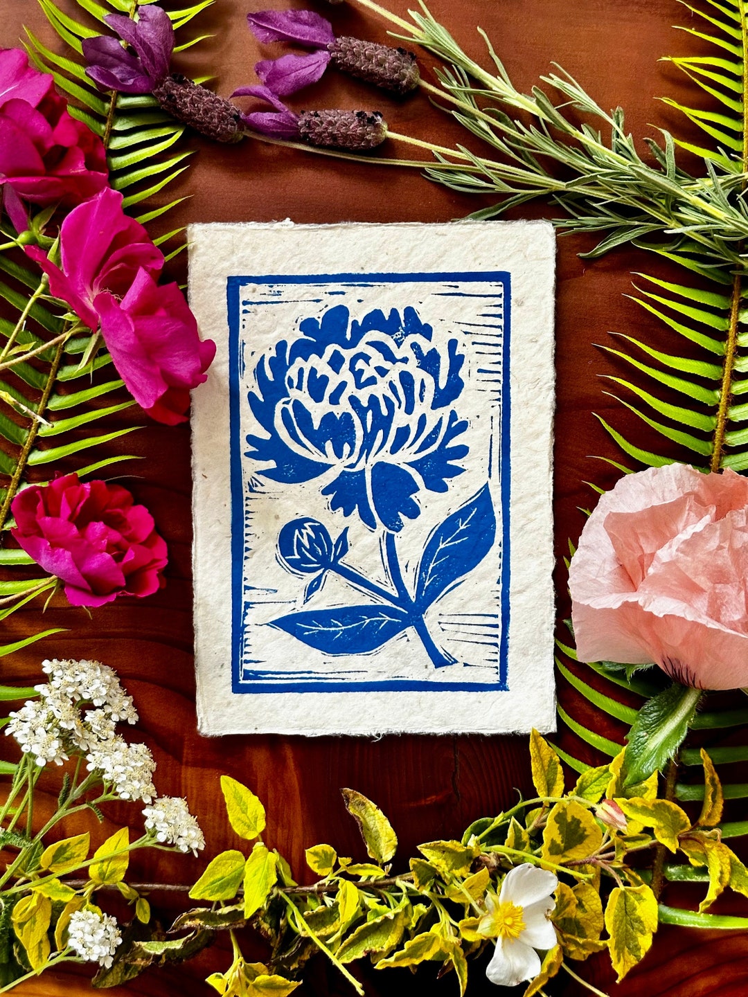 Peony Linocut Print 5x7” - November Birth Flower Art - Etsy