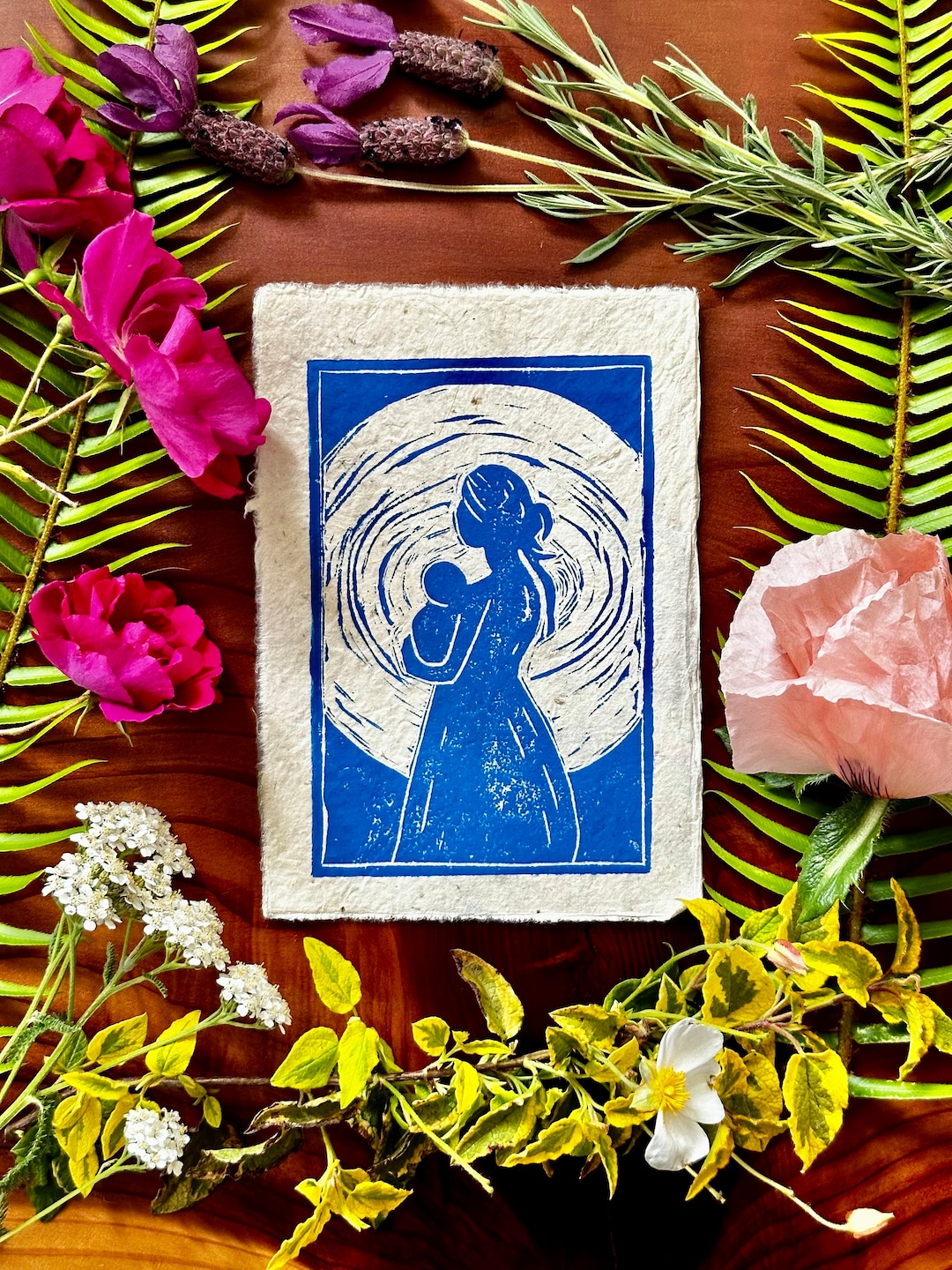 Mother & Baby Under the Full Moon Linocut Print 5x7” - Motherhood Art ...