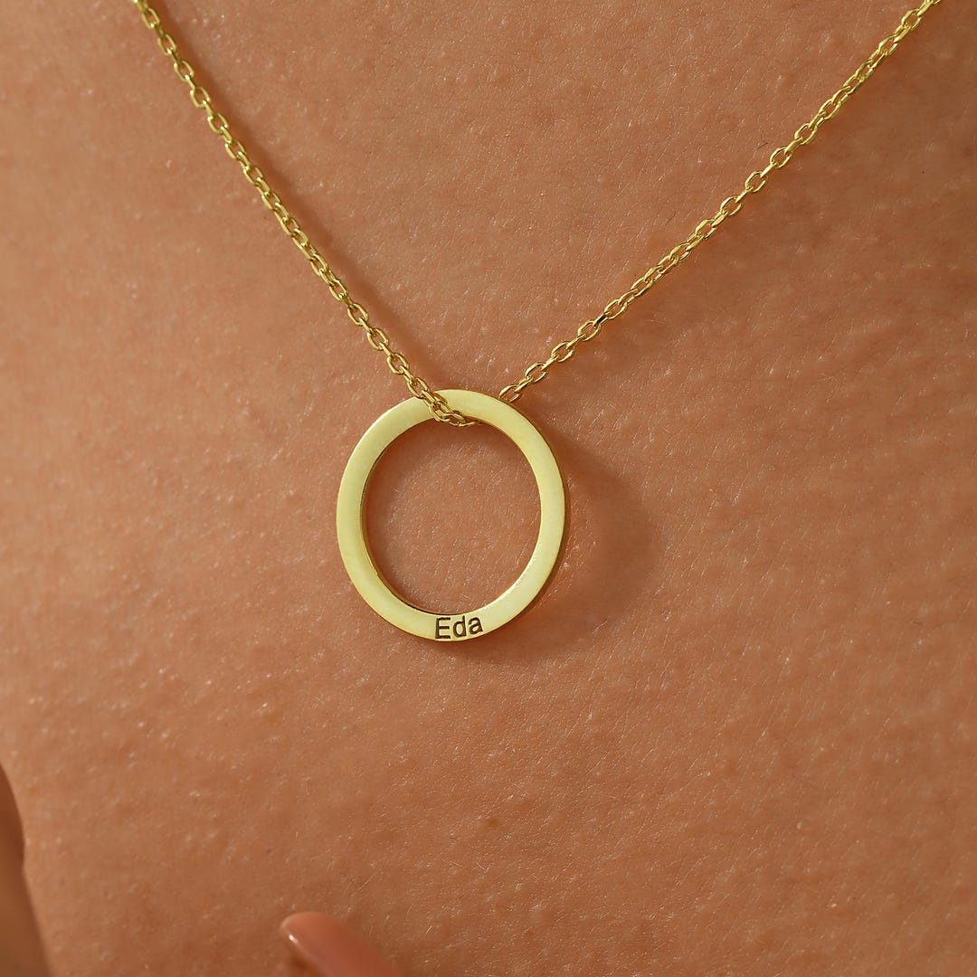 Personalized 14K Gold Circle Necklace, Custom Name Pendant, 14k Gold ...