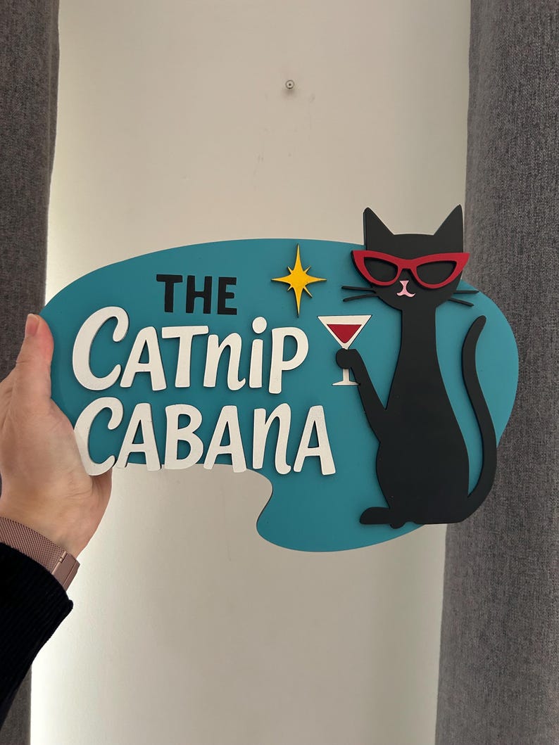 Atomic Cat Wall Art, Retro Cat Sign With Cocktail, MCM, Mid Century ...