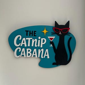 Atomic Cat Wall Art, Retro Cat Sign With Cocktail, MCM, Mid Century ...