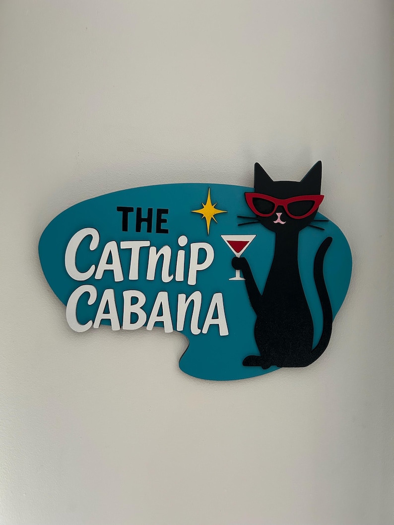 Atomic Cat Wall Art, Retro Cat Sign With Cocktail, MCM, Mid Century ...