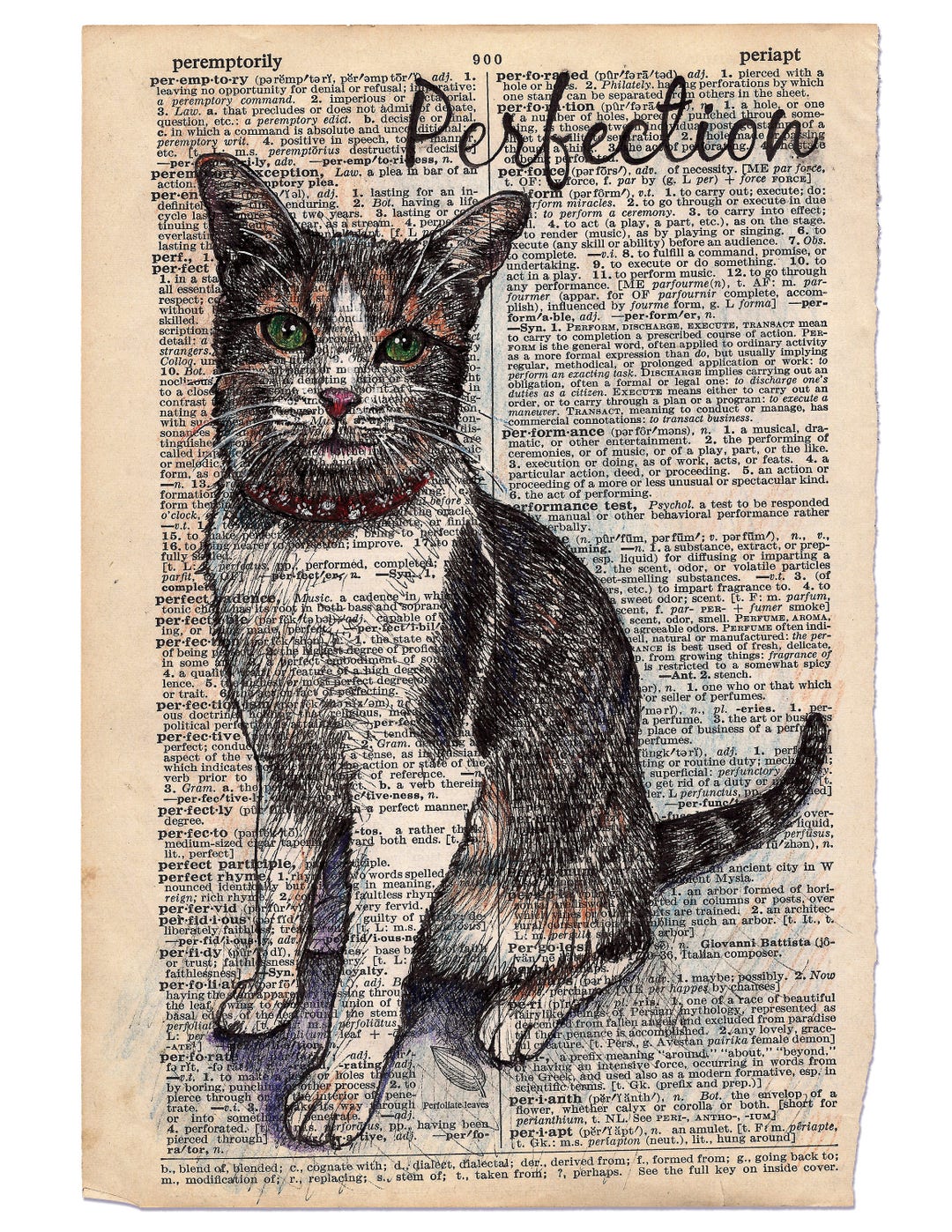 Print: Cat "perfection" Dictionary Page, Print of Hand Drawn ...