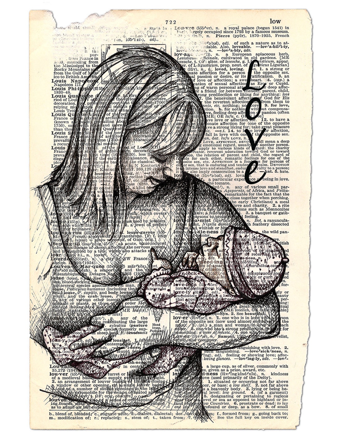 Print: Love Dictionary Page, Print of Hand Drawn Illustration on Torn ...