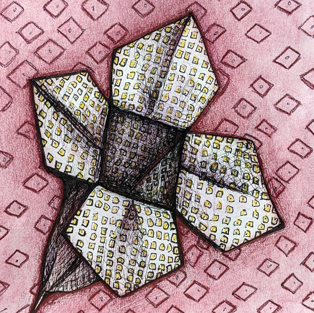 Original Origami Flower Drawing, Colored Pencil and Ink Drawing, Framed ...