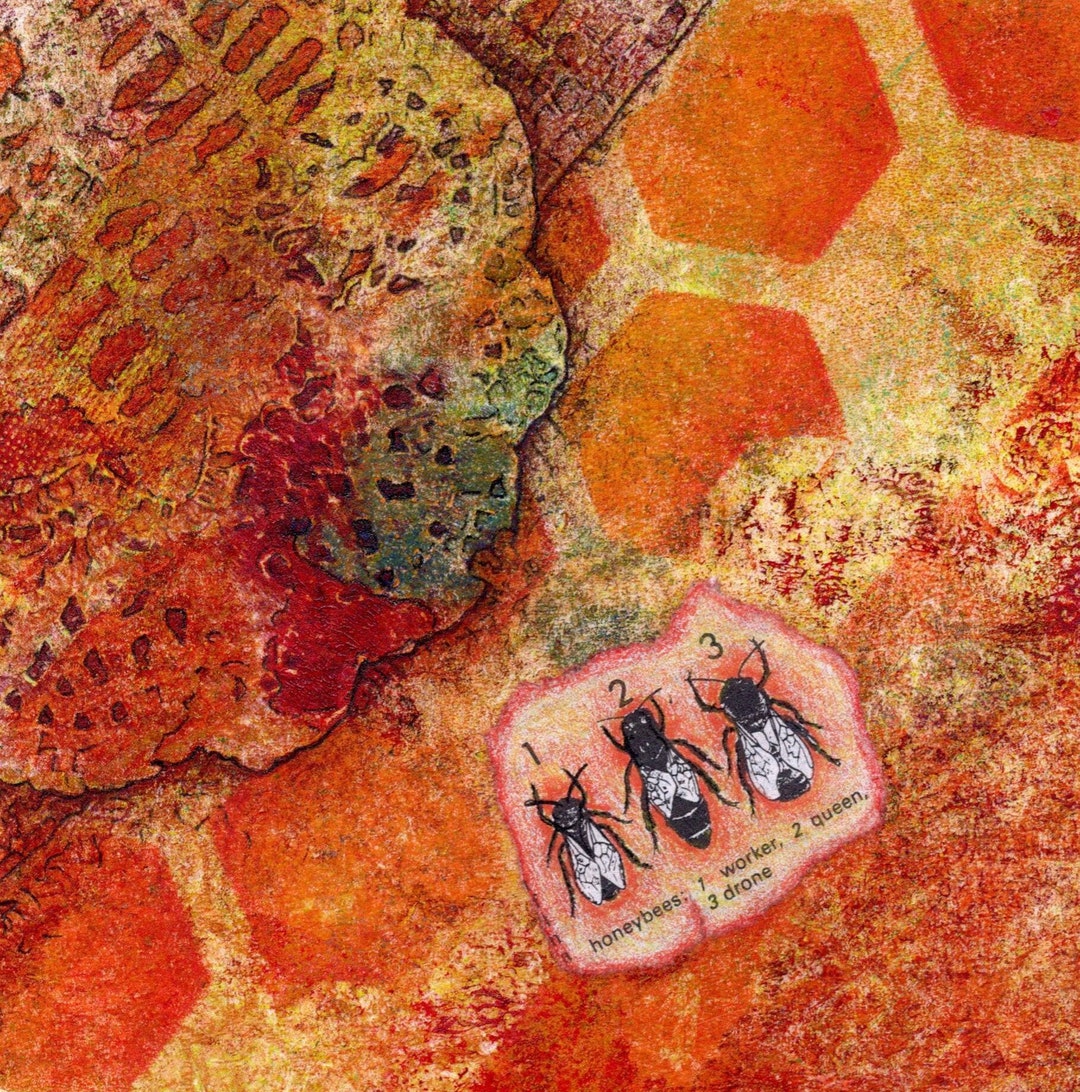 Original Bee Monoprint Collage - 4" X 4" - Honeybees - Artist Maia ...