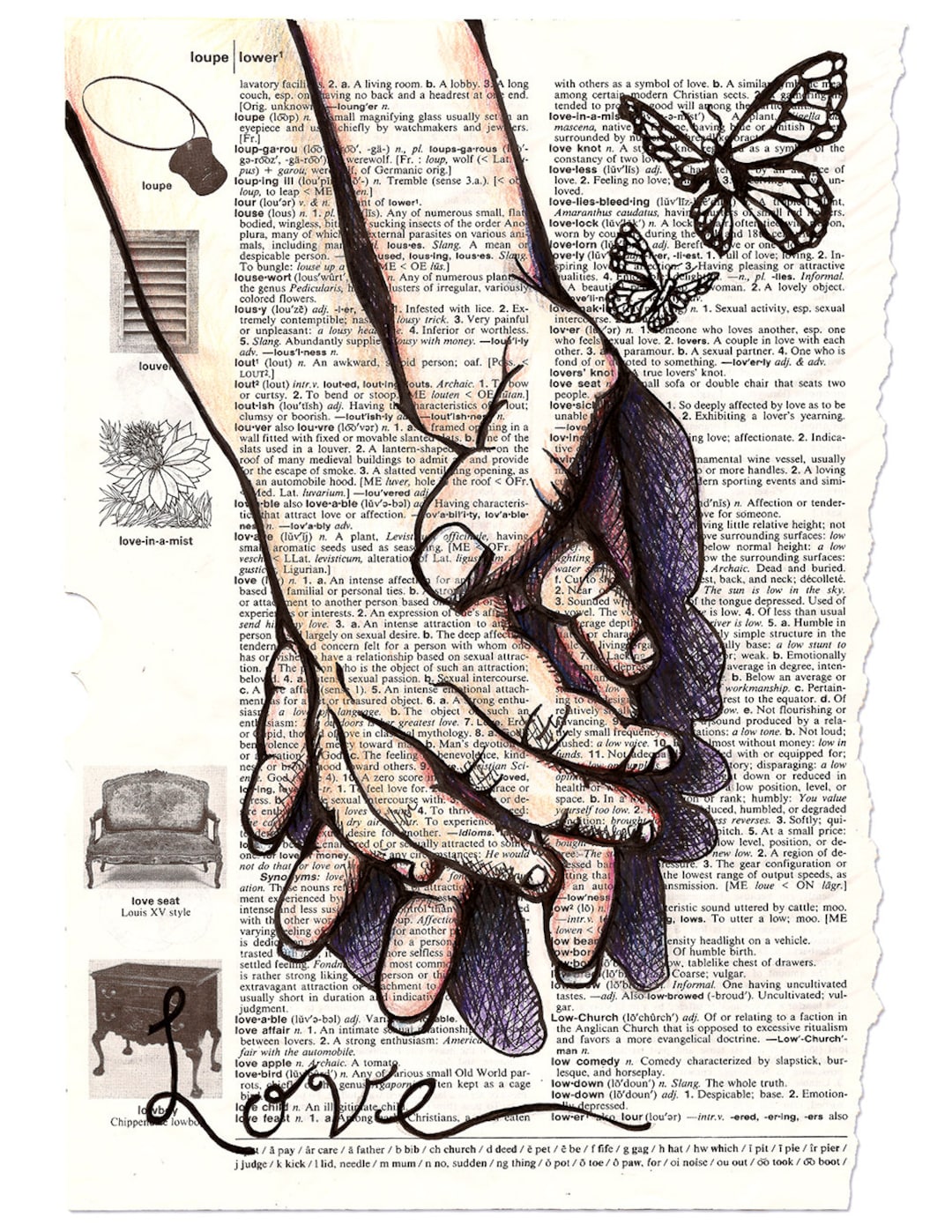 Print: Love Dictionary Page, Print of Hand Drawn Illustration on Torn ...