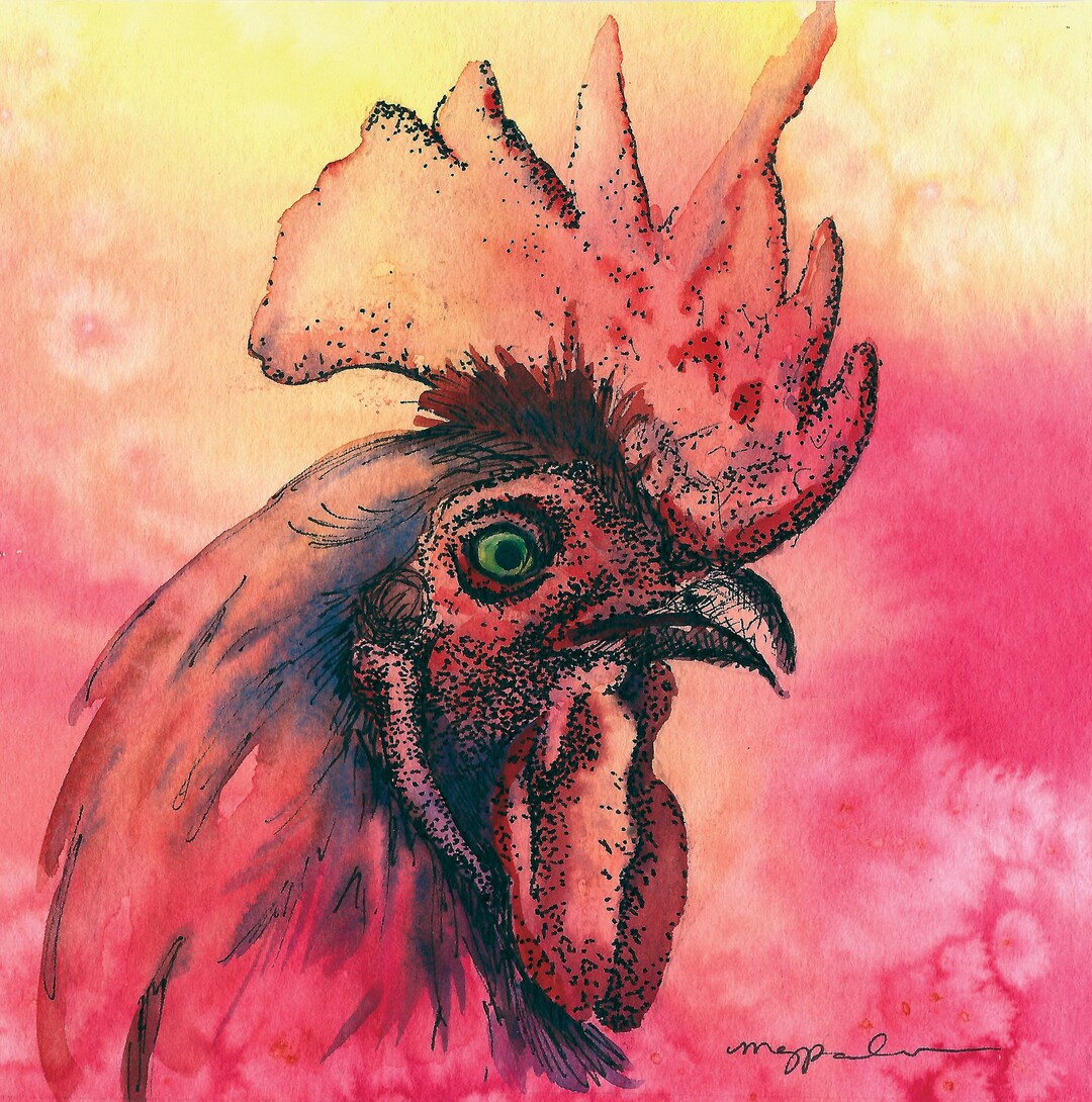 Print: "crazy Rooster Eye" Rooster Barnyard Drawing, Print of Original ...