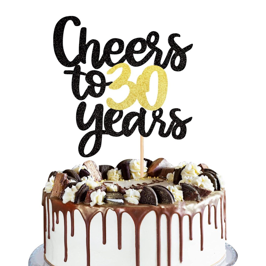 Cheers to 30 Years Cake Topper - Black and Gold Glitter Assembled ...