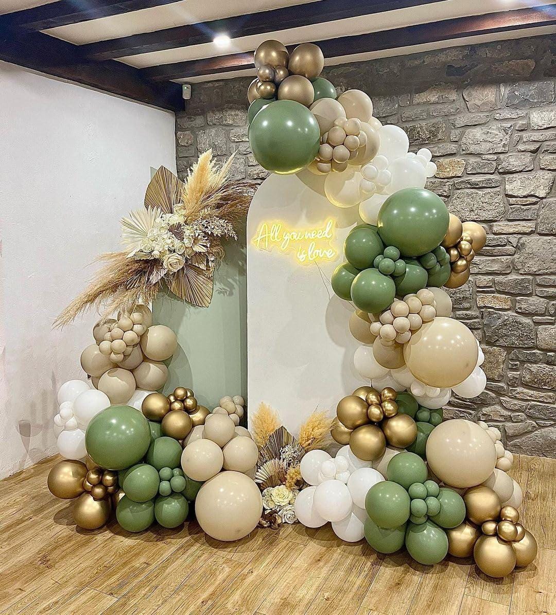 Sage Green Balloon Arch Kit: Sand White & Chrome Gold Garland (184 Pcs ...