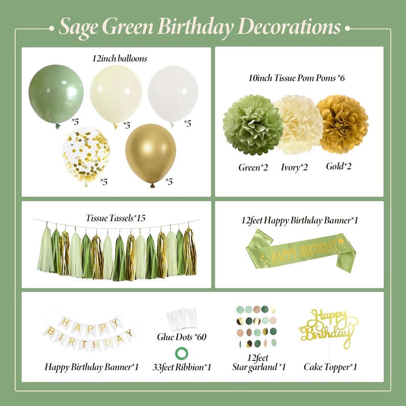 Sage Green Birthday Party Decorations With Birthday Banner,tissue ...