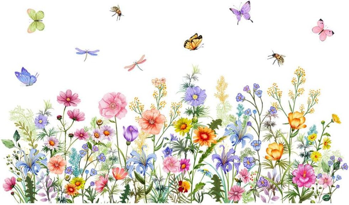 Colorful Floral Wall Decals Wildflowers Flower Wall Stickers Butterfly ...