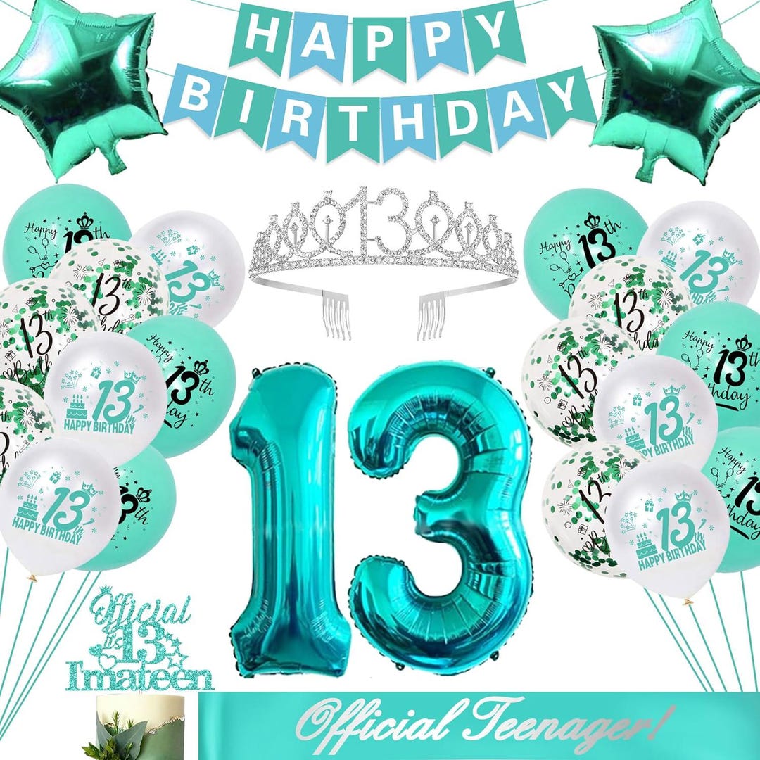13th Birthday Decor Teal Glitter Official Teenager Bday Cake Topper and ...