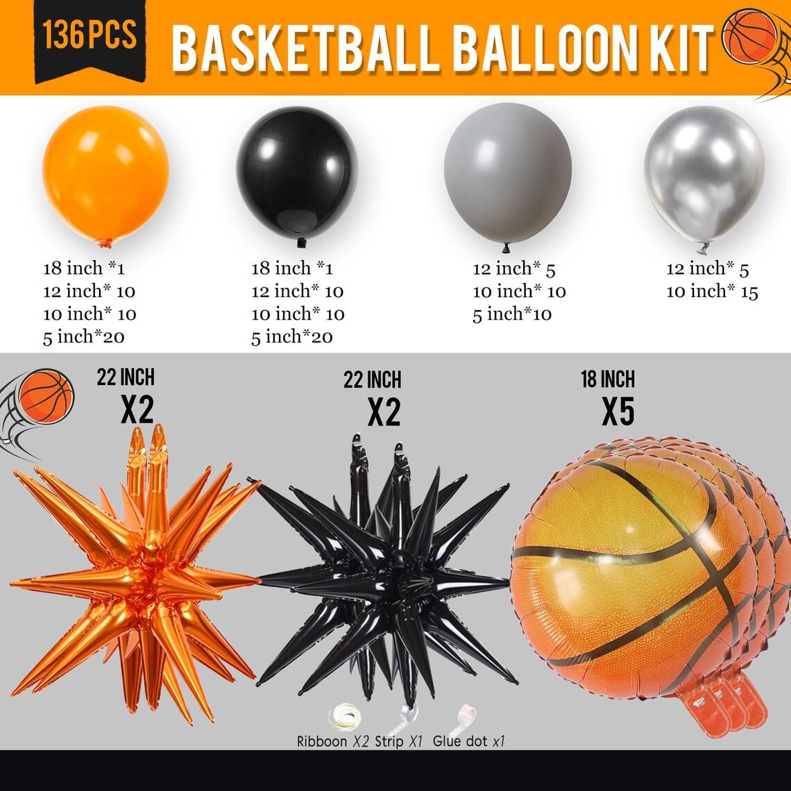 Basketball Balloon Garland Arch Kit, 136pcs Orange Gray Black White and ...