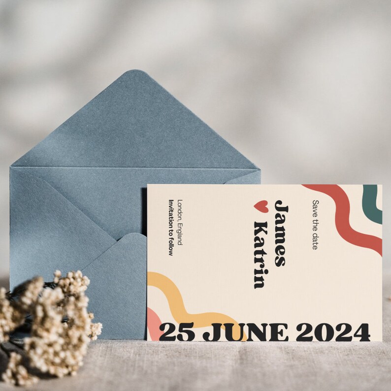 Funky Retro Wedding Save the Date Template (A5 & A6 Instant Download ...