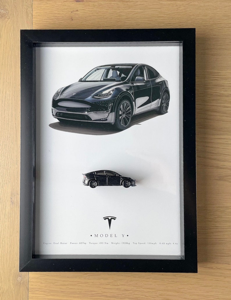 3D Framed Car Wall Art Black Tesla Model Y Illustration Automotive Art ...