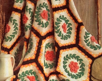 Vintage Crochet Pattern Victorian Rose Hexagon Afghan Blanket Motif ...