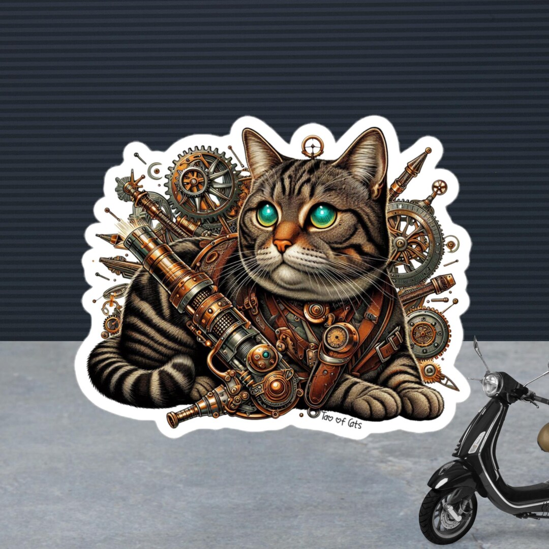Steam Punk Tabby Cat Sticker Feral Tom Cat Meme - for Bikes, Helmets ...