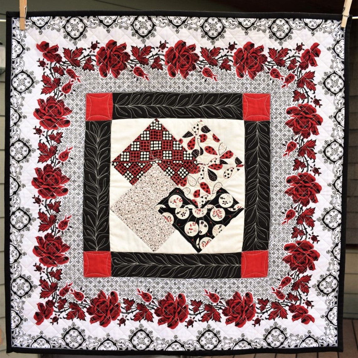 Quilted Table Topper Square Red and Black Cotton Table | Etsy