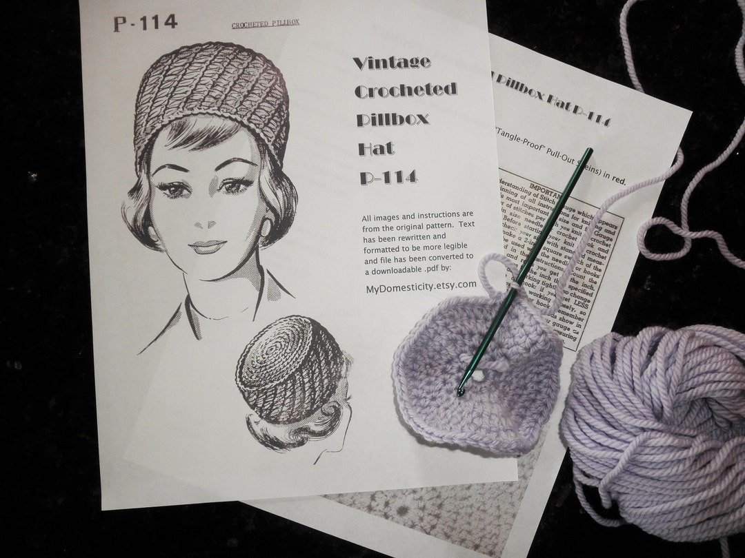 Vintage Crocheted Crochet Pillbox Hat Pattern, 1960s Pillbox Hat P-114 ...