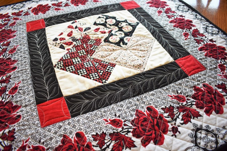 Quilted Table Topper Square Red and Black Cotton Table | Etsy