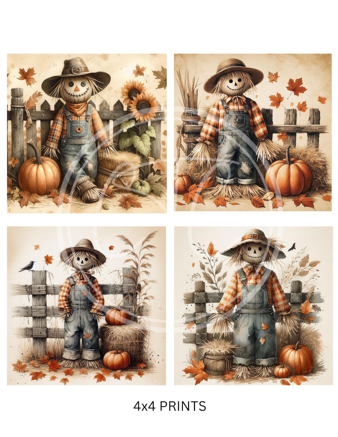 4 Fall Scarecrow Mini Printable Bundle, Fall/harvest Print, Digital ...