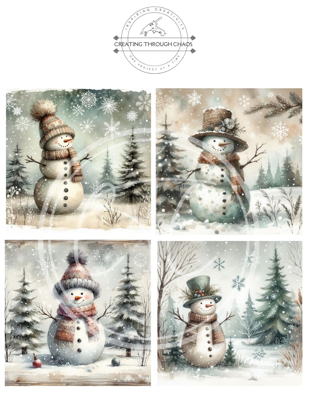 4 Rustic Snowman Mini Printable Bundle, Winter/christmas Print, Digital ...