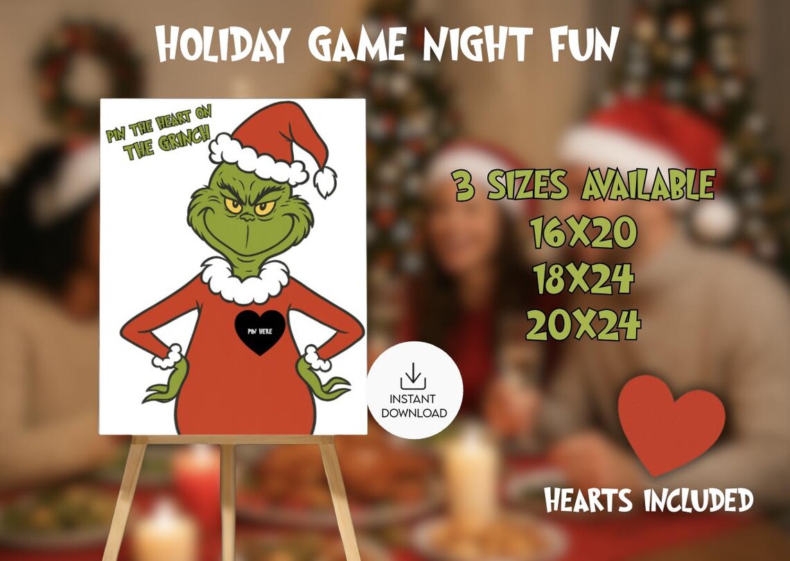 Pin the Heart on the Grinch | Printable Holiday Game Sign - Etsy
