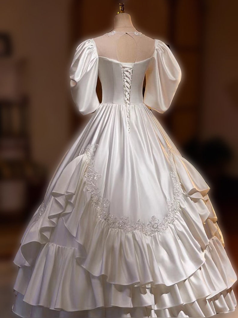 Ivory Scoop Satin Prom Dress Short Sleeve Dress Lace Applique - Etsy