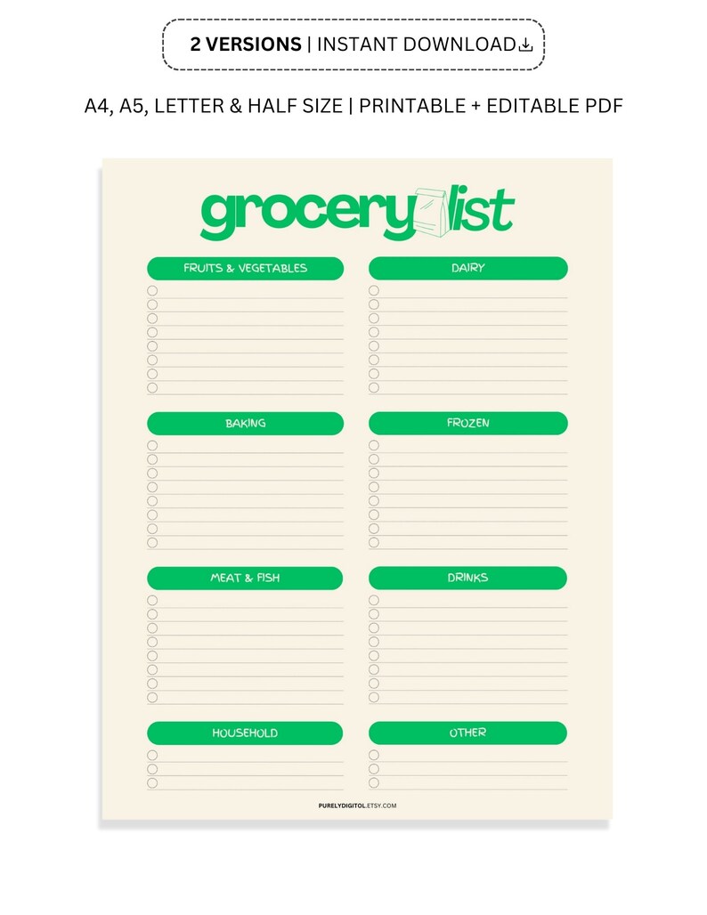 Printable Grocery List Template | Grocery Planner for Food Shopping ...